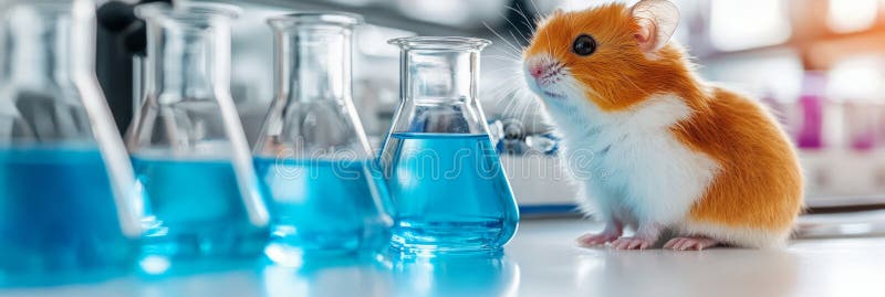 Curious Hamster Observing a Row of Laboratory Flask with Blue Liquid in ...