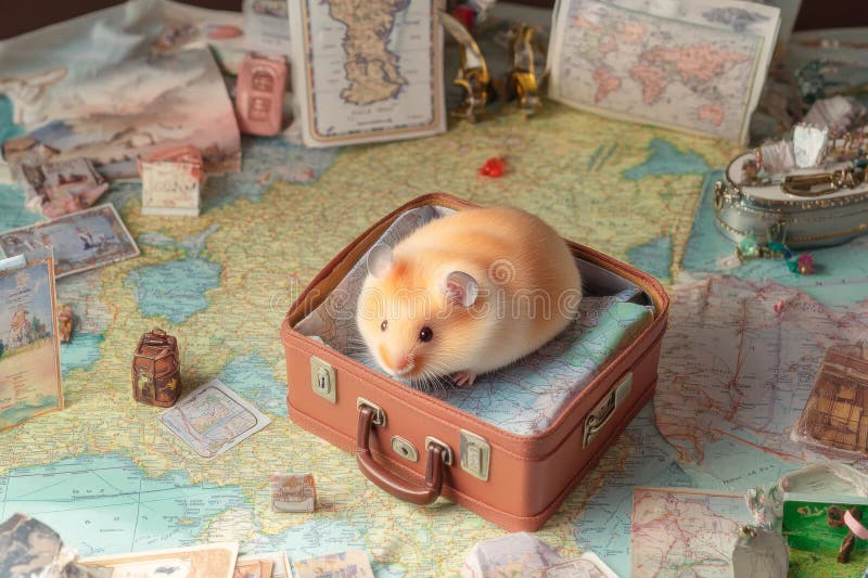 A Curious Hamster Rolls Around in an Open Miniature Suitcase Surrounded ...