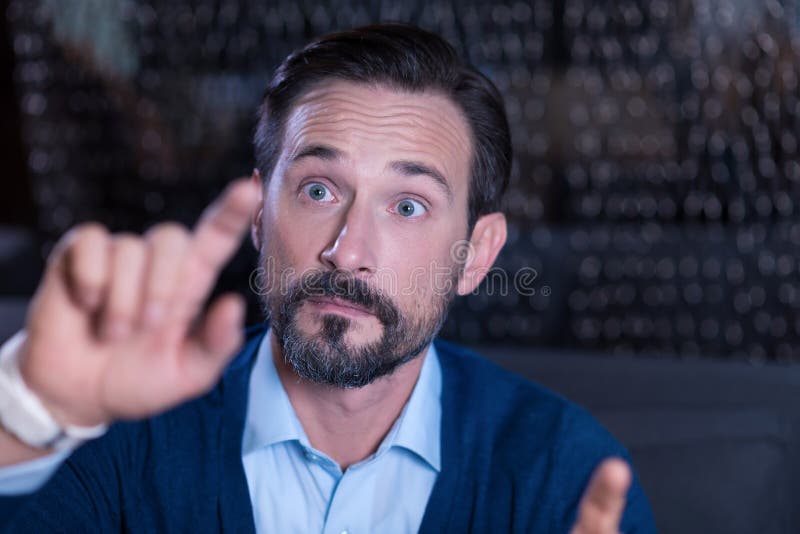 Curious Handsome Man Touching the Virtual Screen with His Finger Stock ...