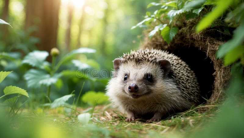 Curious Hedgehog Emerging from Burrow in Enchanting Forest Scene. Stock ...