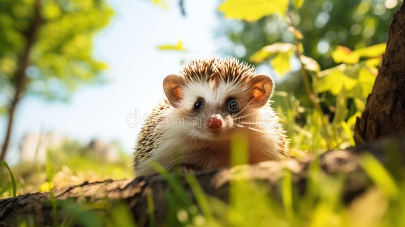 A Curious Hedgehog is Sitting on a Tree Branch in the Grass, AI Stock ...