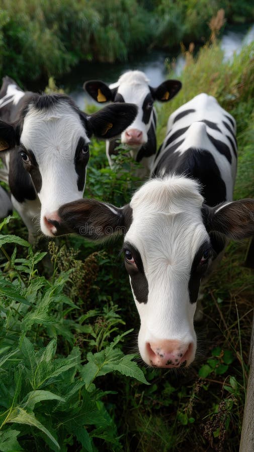 Curious Holstein Cows Looking at Camera in Pasture Near River Stream ...