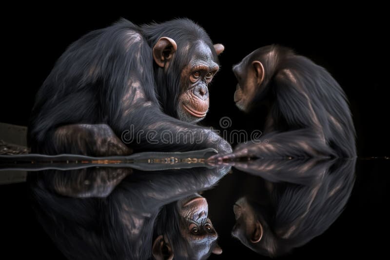 A Curious and Intelligent Chimpanzee Looking at Its Reflection, Showing ...