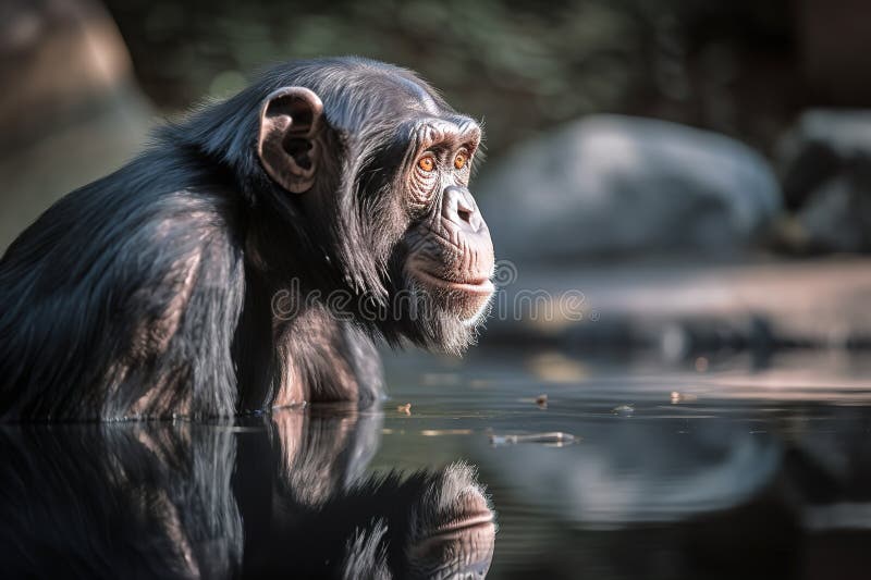 A Curious and Intelligent Chimpanzee Looking at Its Reflection, Showing ...