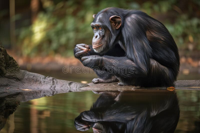 A Curious and Intelligent Chimpanzee Looking at Its Reflection, Showing ...