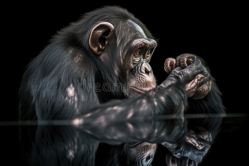 A Curious and Intelligent Chimpanzee Looking at Its Reflection, Showing ...