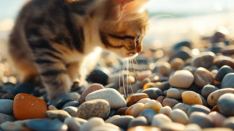 Curious Kitten Exploring Pebble Beach Stock Video - Video of pebbles ...