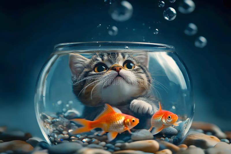 A Curious Kitten Inside a Fishbowl with Goldfish Stock Illustration ...