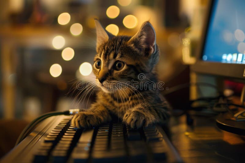 Kitten Using Computer stock illustration. Illustration of focus - 325485389