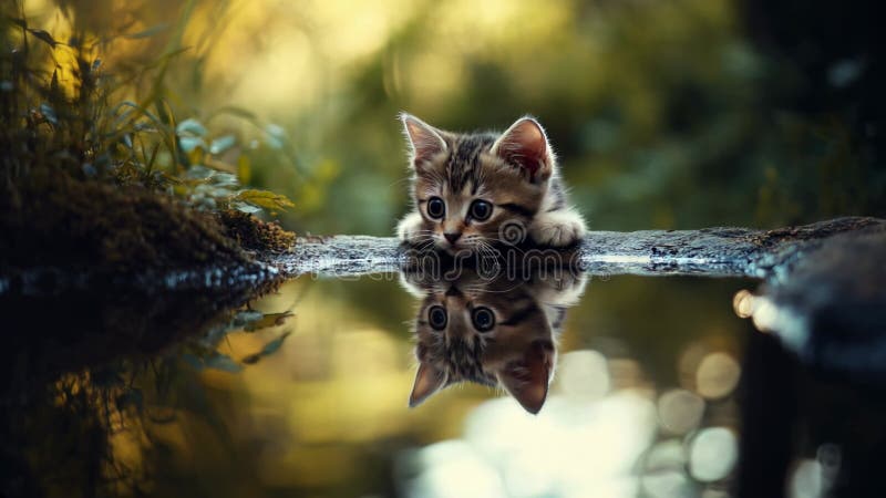 Curious Kitten Leans Over a Pond, Surprised by Its Reflection. a Serene ...