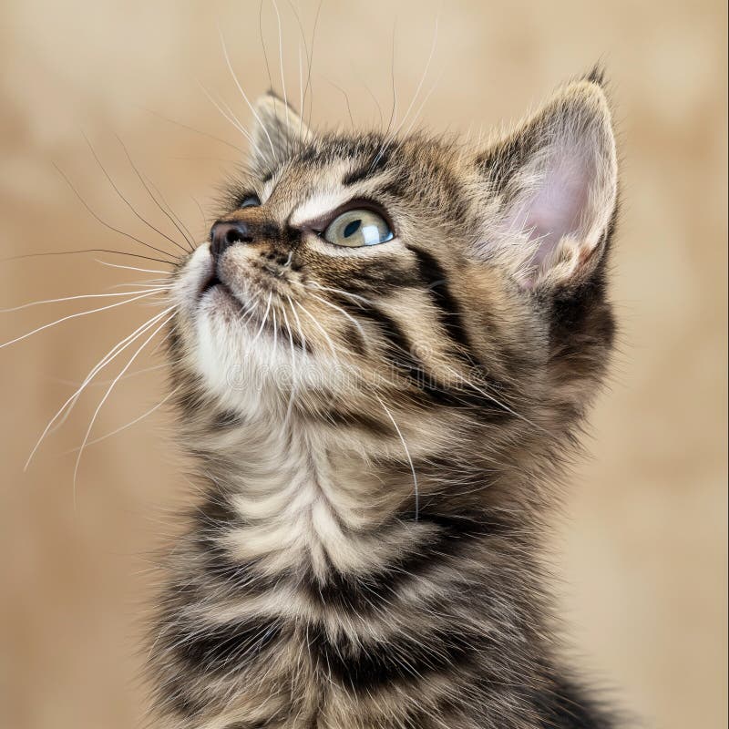Curious Kitten Looking Upwards with Intent on a Neutral Colored ...