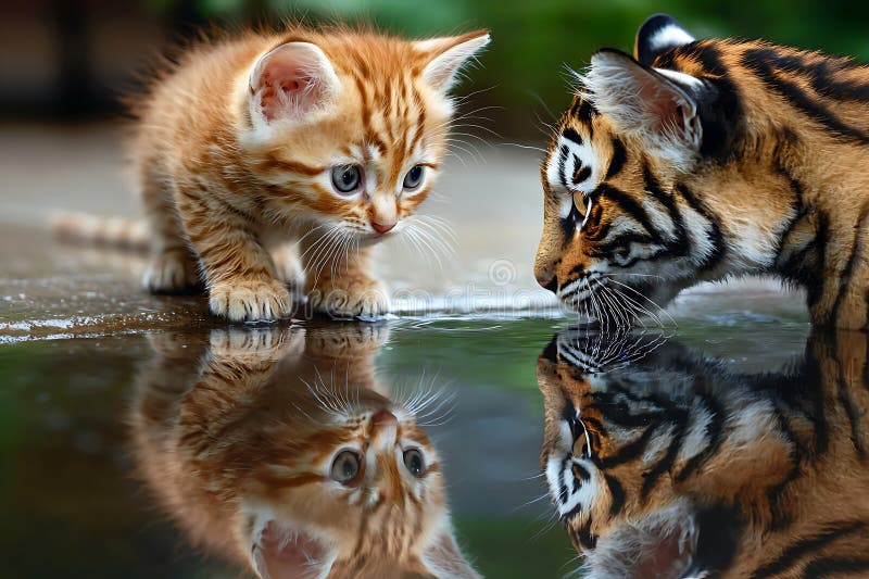 A Curious Kitten Looks at Its Reflection in a Puddle beside a Tiger ...