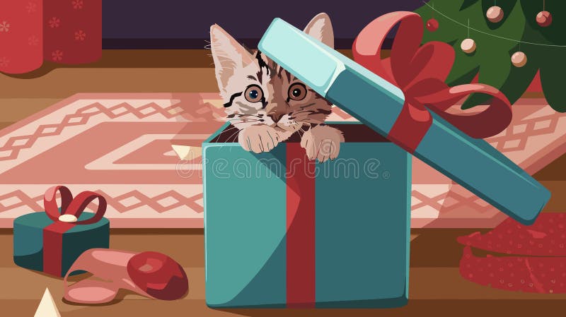 Curious Kitten Peeking Inside a Partially Opened Christmas Gift Box ...