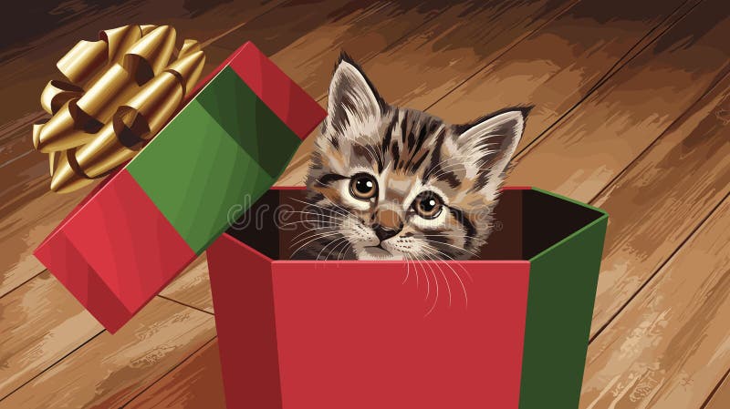 Curious Kitten Peeking Inside a Partially Opened Christmas Gift Box ...