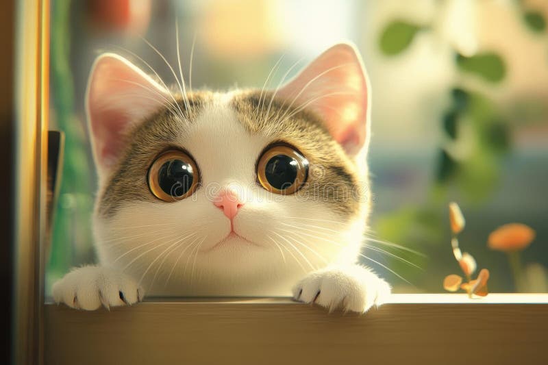 Curious Kitten Peeking Over Window with Big Eyes, Sunlight Curiosity ...