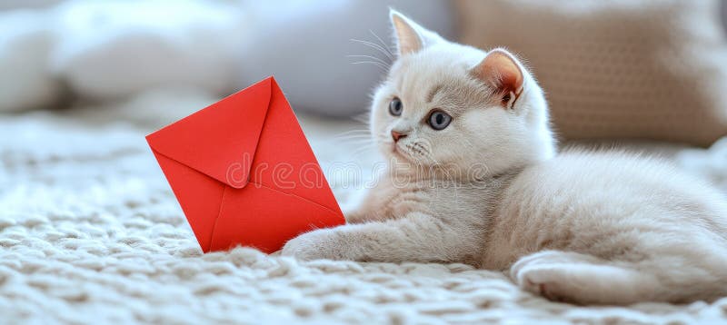 Curious Kitten and Red Envelope Playful White Cat Explores a Bright Red ...