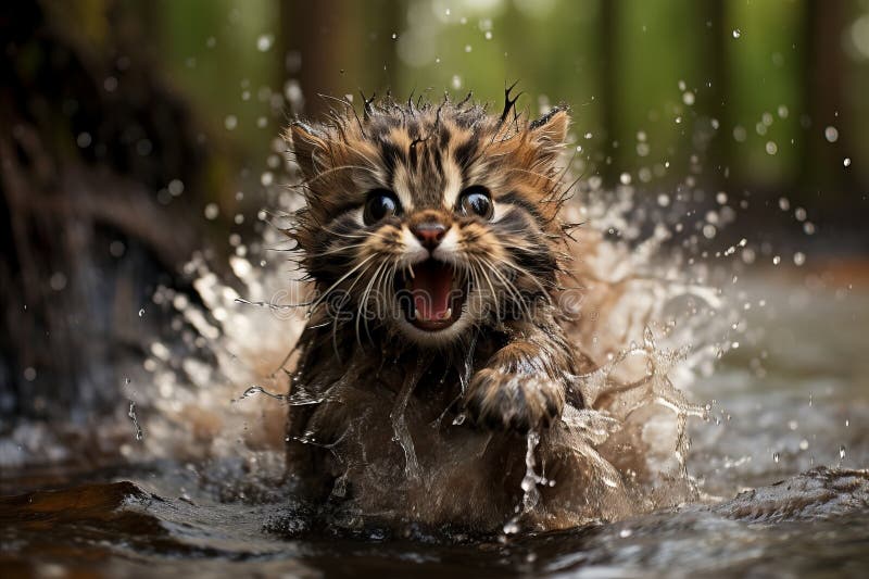 Curious Kitten in a Running Stream Surrounded by a Dark Forest ...