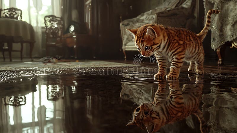 A Curious Kitten Stares at Its Reflection in a Puddle Stock ...