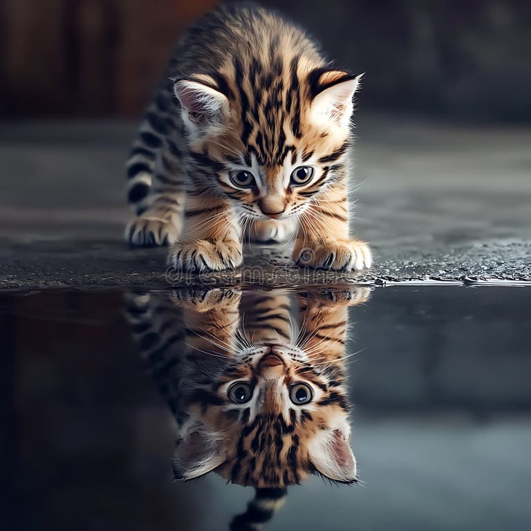 A Curious Kitten Stares at Its Reflection in a Puddle Stock ...