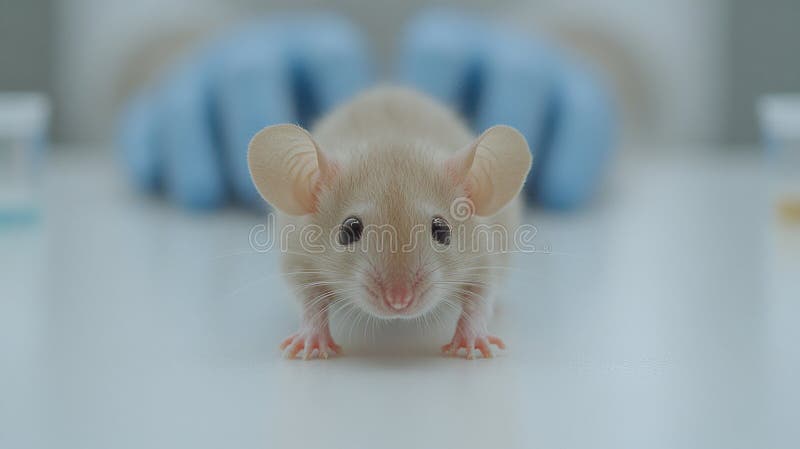 Curious Laboratory Mouse Staring at Camera with Blue-gloved Hands in ...