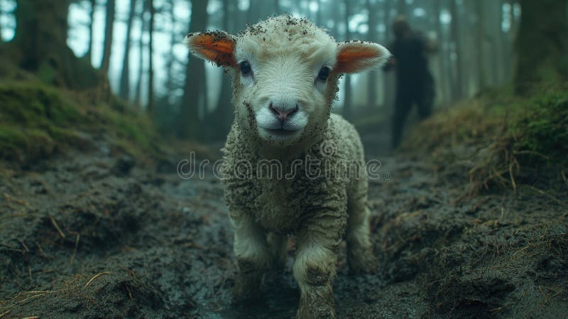 Curious Lamb Exploring Muddy Forest Path in Misty Woods Stock Image ...