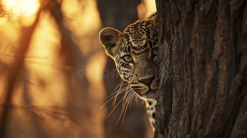 A Curious Leopard Peeks Out from Behind a Tree Its Spots Illuminated by ...