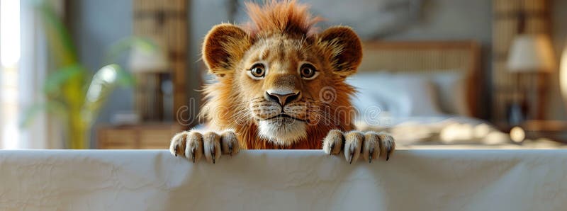 Curious Lion Cub in a Cozy Bedroom Stock Illustration - Illustration of ...