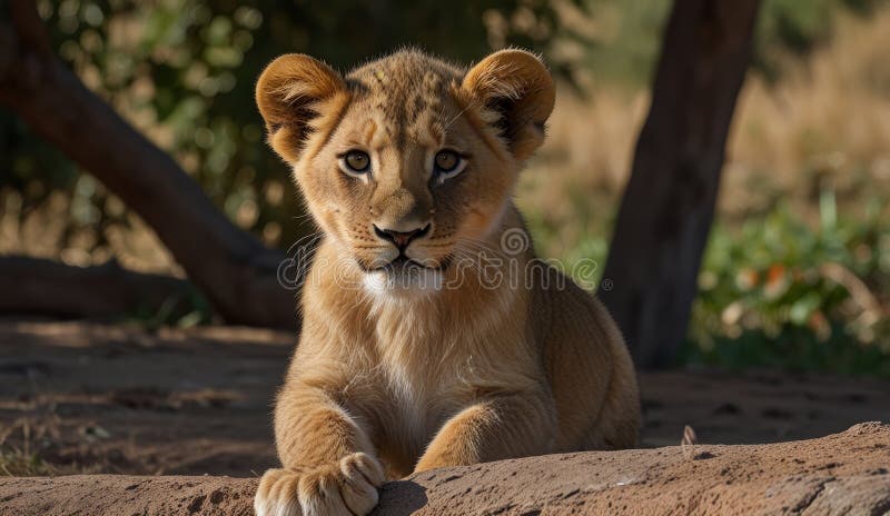 Curious Lion Cub in Natural Habitat Stock Illustration - Illustration ...