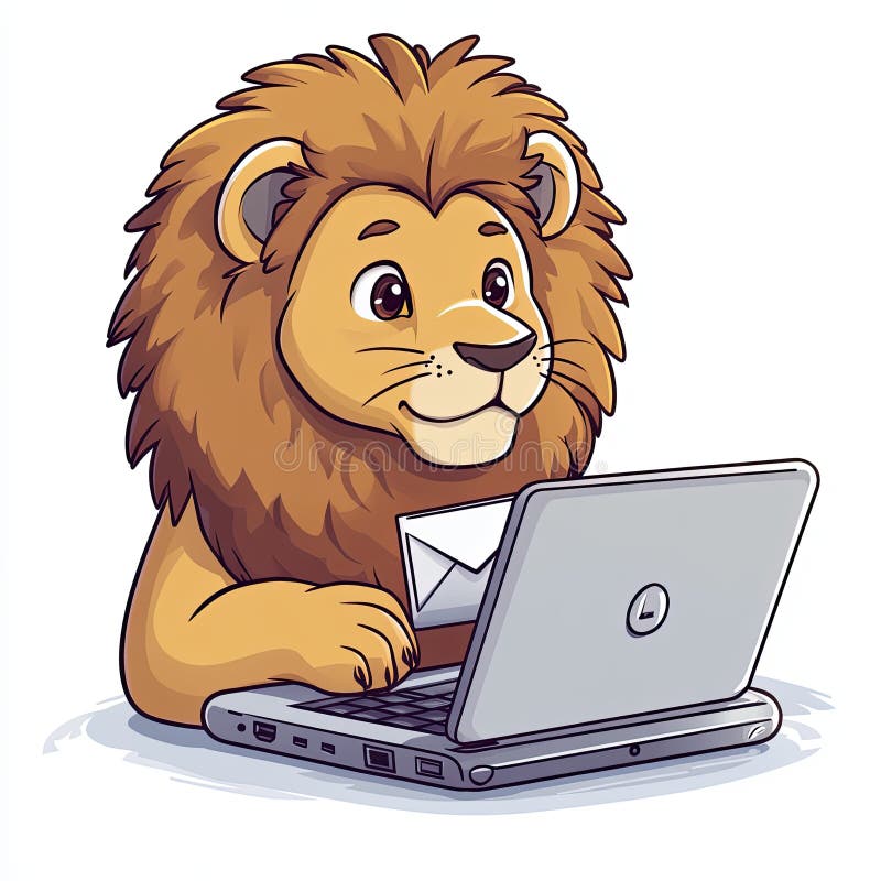 Curious Lion Using Laptop To Read Important Email with Focus Stock ...