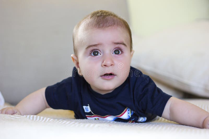 Curious Little Baby in a Blue T-shirt Stock Image - Image of home ...