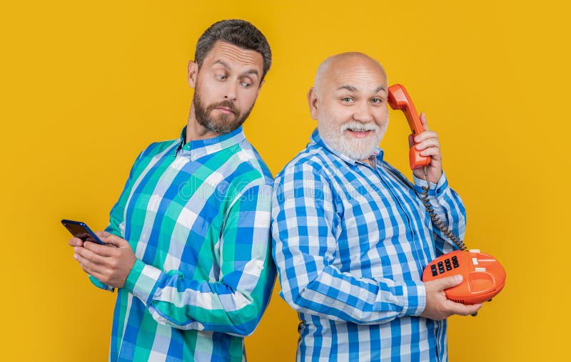 Curious Men with Vs Technology Isolated on Yellow. Men with Vs ...