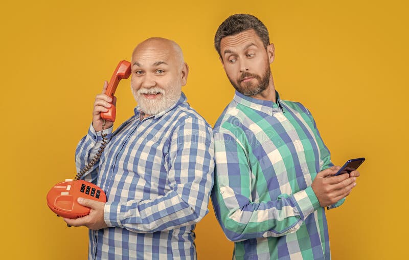 Curious Men with Vs Technology Isolated on Yellow. Men with Vs ...