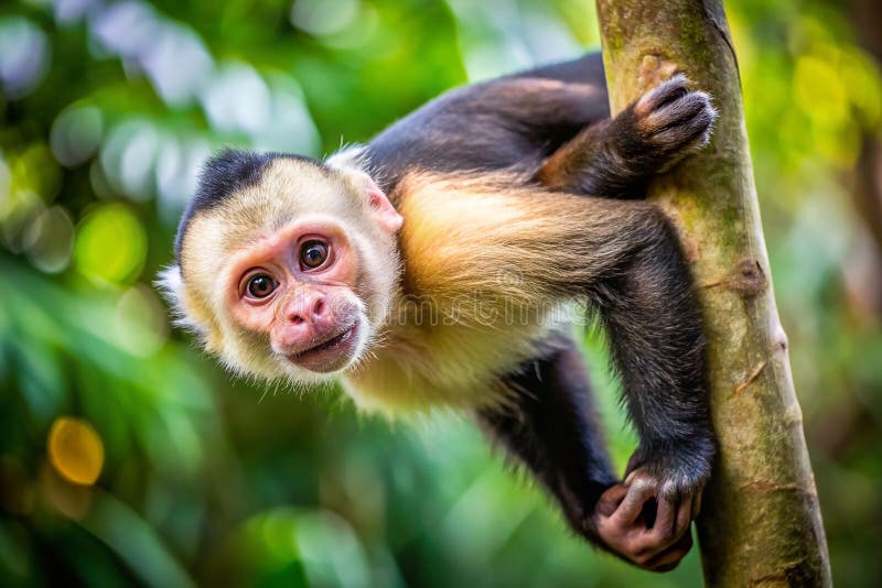 Curious Monkey Clings To Jungle Tree Trunk Stock Illustration ...