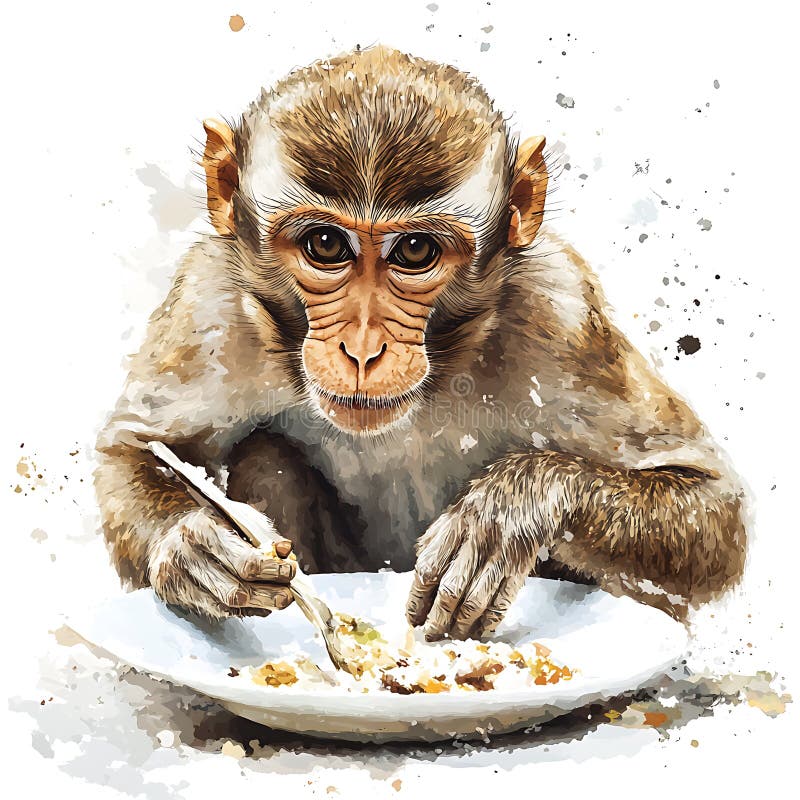 A Curious Monkey Eats with a Spoon Stock Illustration - Illustration of ...