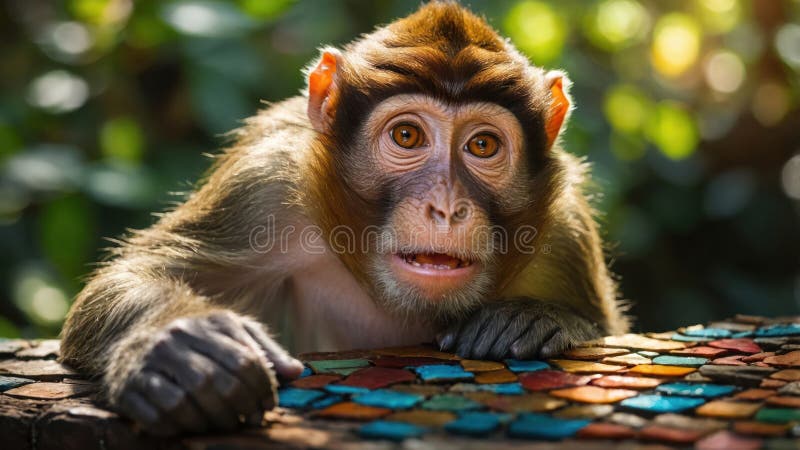 Adorable Young Monkey with Curious Expression on Colorful Mosaic Stock ...