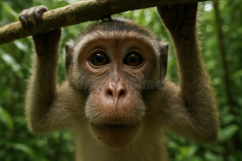 Curious Monkey Hanging on a Branch in the Jungle Stock Image - Image of ...