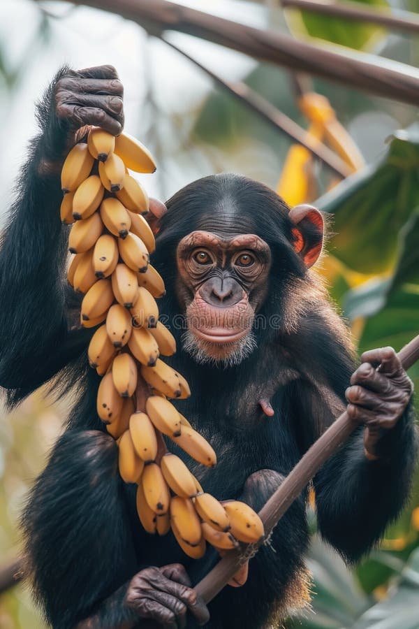 A Curious Monkey is Holding a Bunch of Bananas on a Tree Branch Stock ...