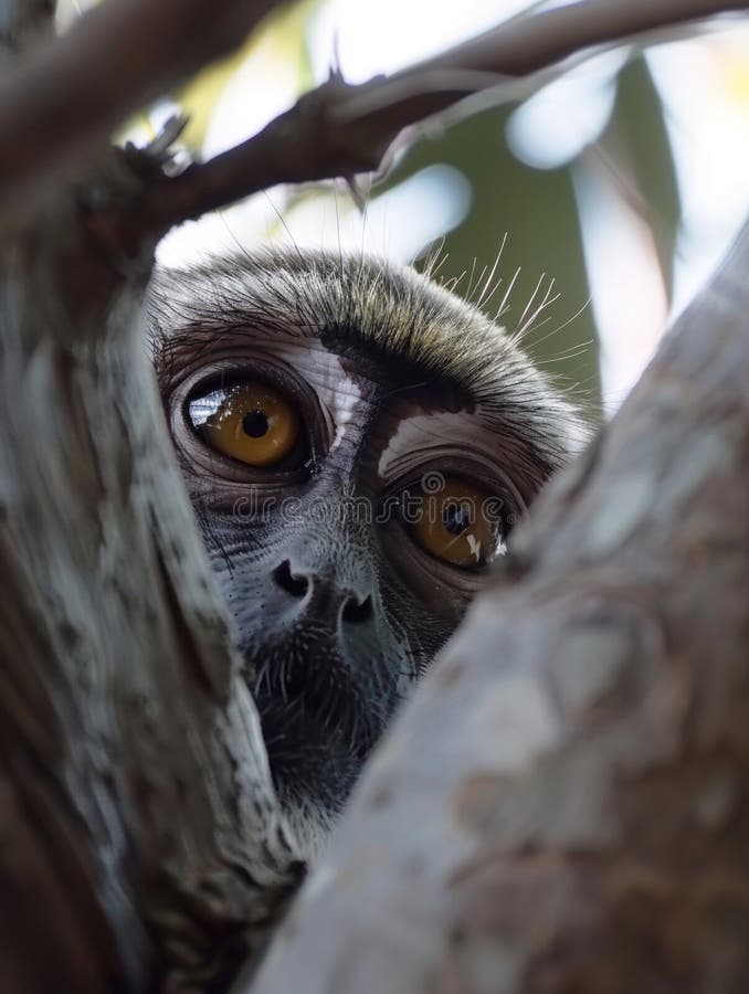 Monkey peeking out of tree stock image. Image of generated - 382898385