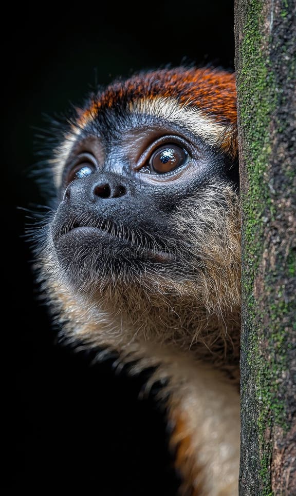 Curious Monkey Peeking from Behind a Tree Stock Illustration ...