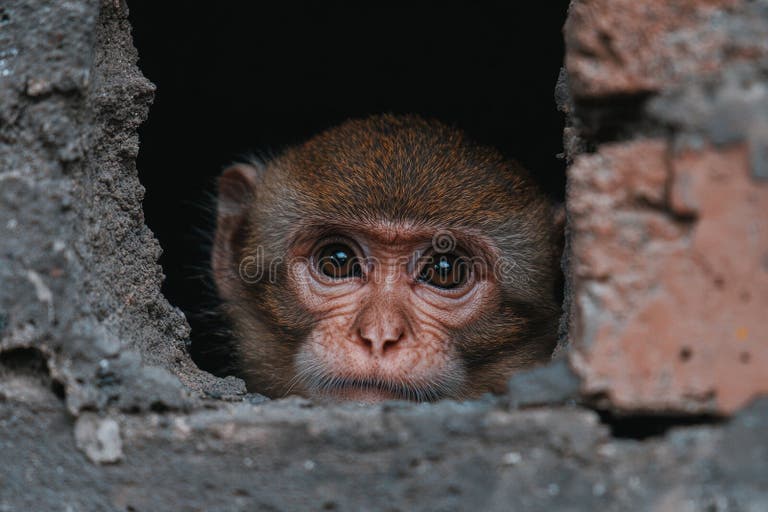 Curious Monkey Peeking through a Hole in a Wall Stock Illustration ...