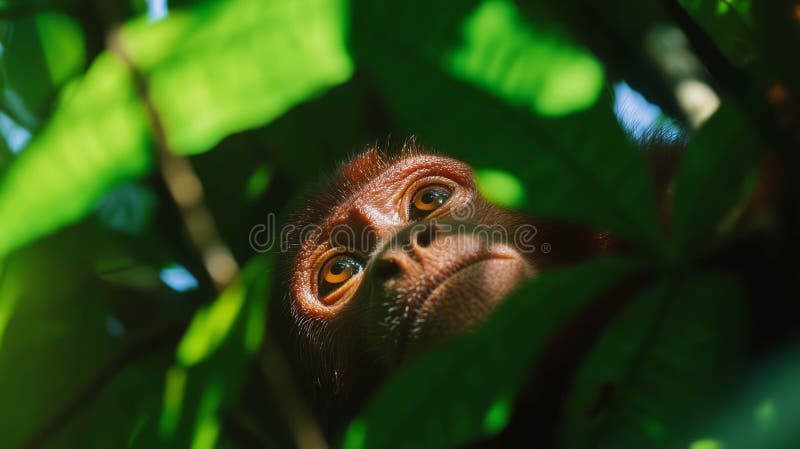 Curious Monkey Peeking through Lush Green Foliage in a Tropical Jungle ...
