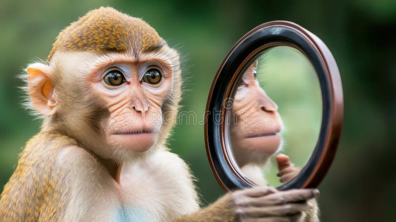 A Curious Monkey Peers into a Handheld Mirror, Displaying a Surprised ...