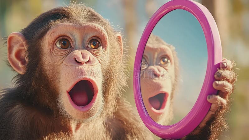 A Curious Monkey Peers into a Handheld Mirror, Displaying a Surprised ...