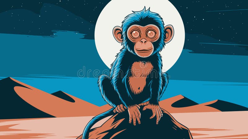 Curious Monkey Perched on a Rock in the Moonlit Desert, with Expressive ...