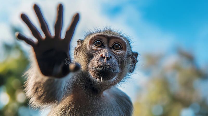 Curious Monkey Reaching Out To Touch the Camera with Its Open Hand ...
