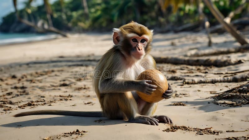 Curious Monkey Sitting on a Sandy Beach Holding a Coconut with a ...