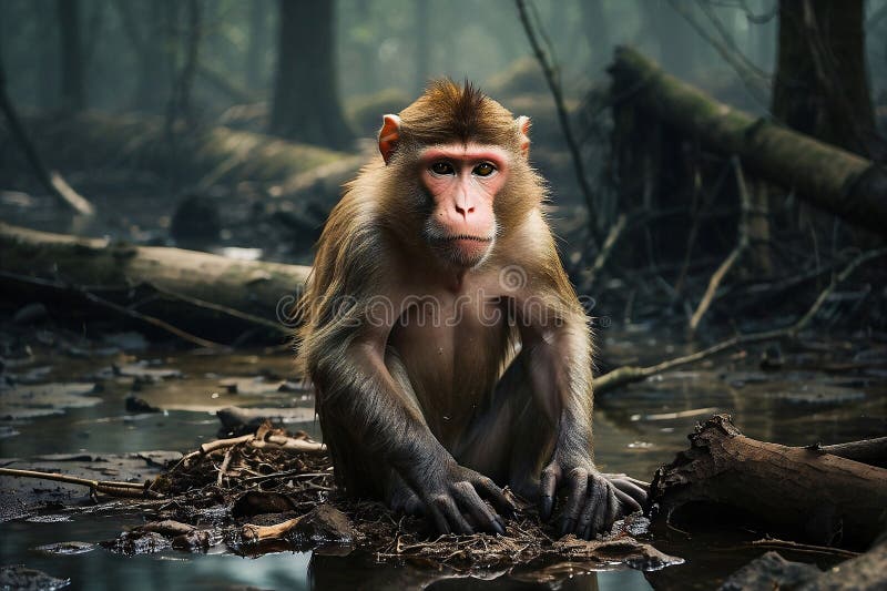 A Curious Monkey is Standing in a Body of Water with a Camera Around ...