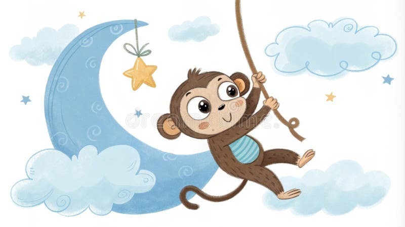 A Curious Monkey Swings Playfully a Fluffy Clouds Orbiting a Soft Blue ...