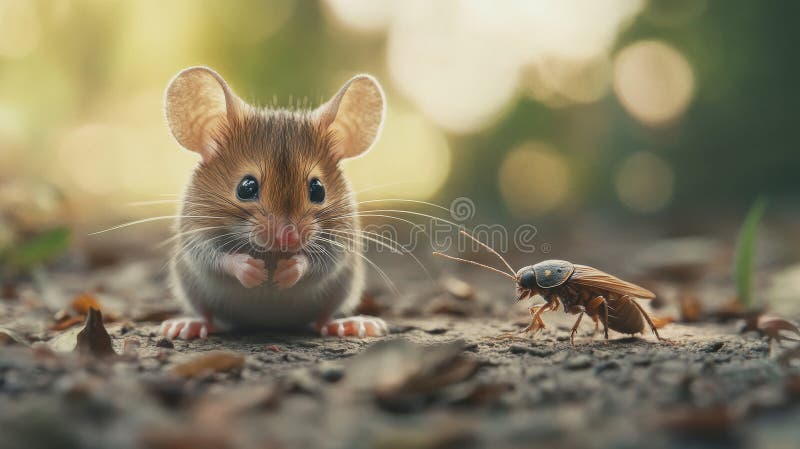 Curious Mouse and Beetle Face Off in a Woodland Setting Stock Image ...