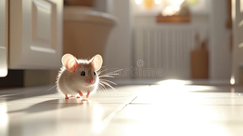 Curious Mouse Explores a Clean White Kitchen Floor in a Cozy Home ...